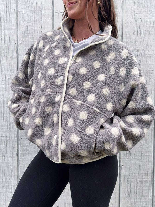 GREY & WHITE POLKA DOT SNAP BUTTON SHERPA JACKET